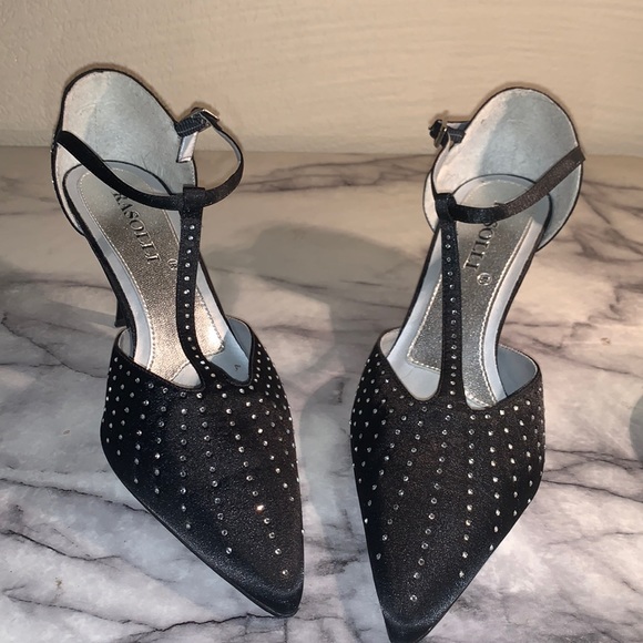 Rasolli | Shoes | Rasolli Black Satin Tstrap With Rhinestones Pointed ...